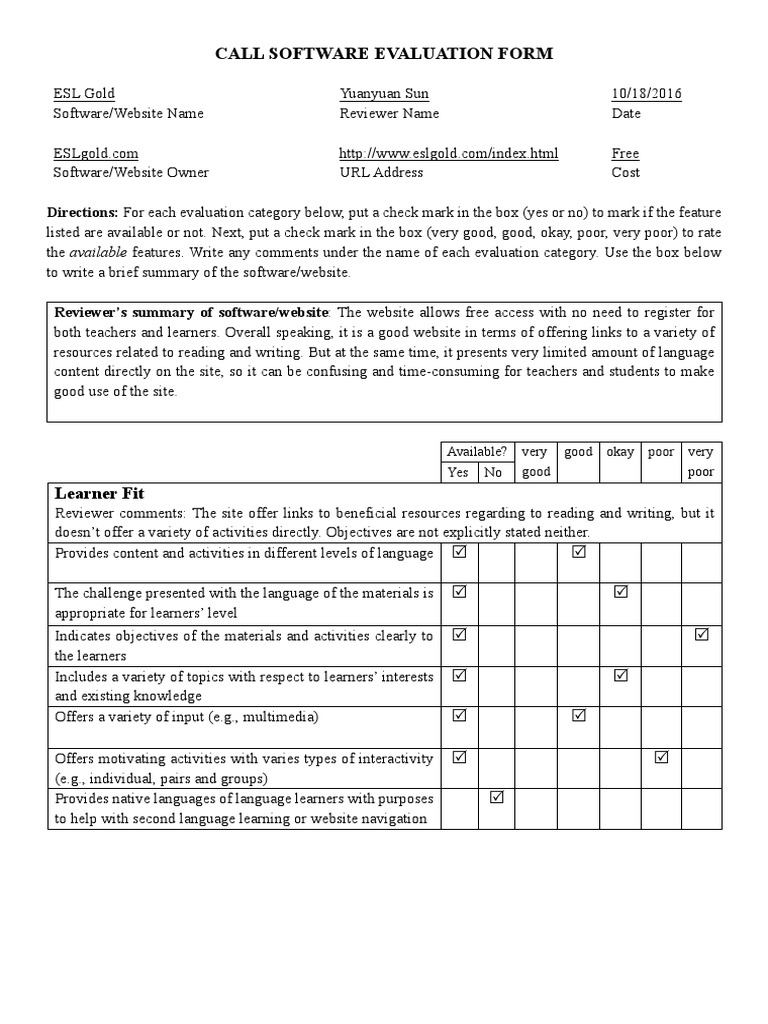 Call Software Evaluation Form | PDF | Websites | Second Language ...