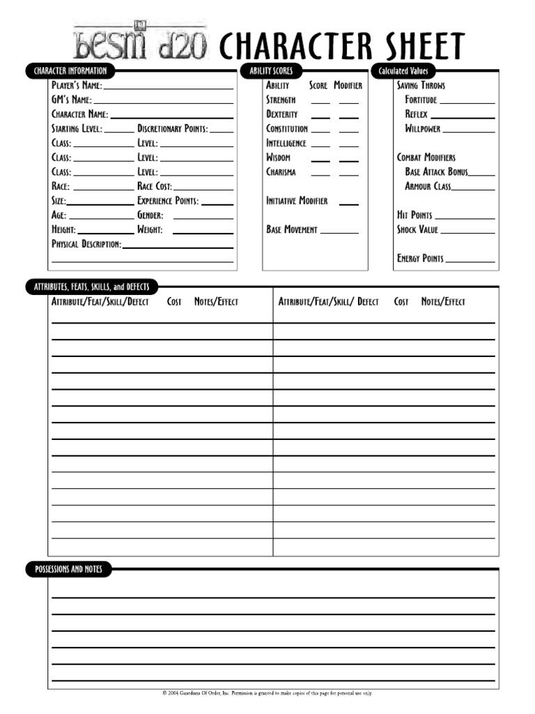 Besm 3rd Edition Character Sheet Form Fillable - Printable Forms Free ...