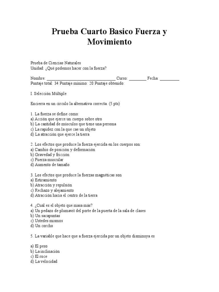 Prueba Cuarto Basico Fuerza y Movimiento | PDF | Gravedad | Fuerza