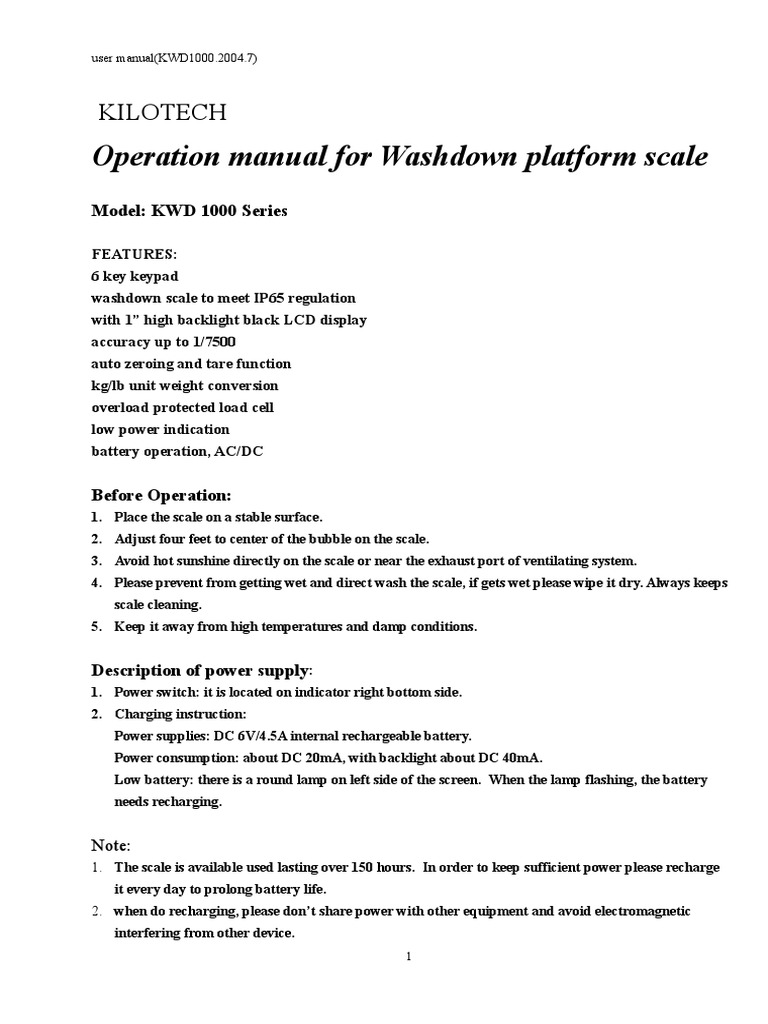 Operation Manual for the Kilotech KWD 1000 Series Washdown Platform ...