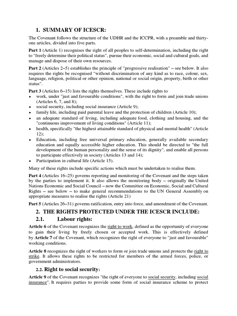 Summary of Icescr | Applied Ethics | Human Rights