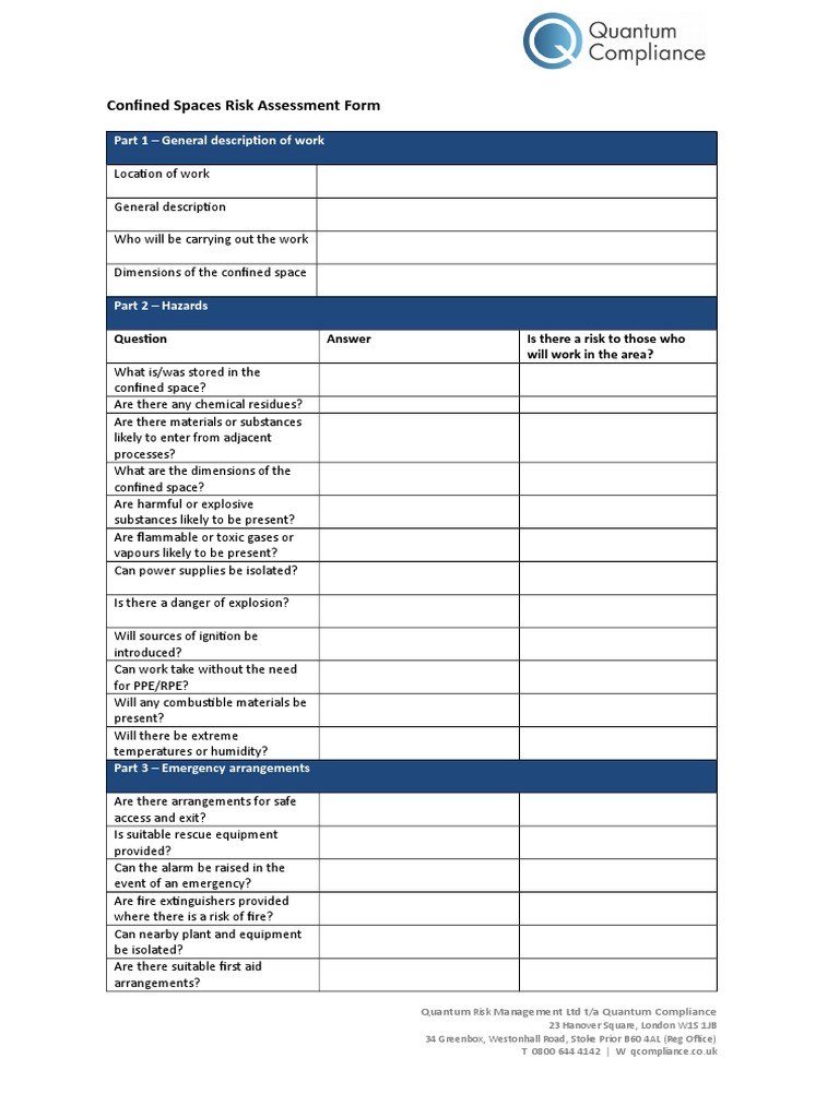 Confined Spaces Risk Assessment Form | Download Free PDF | Fires | Hazards