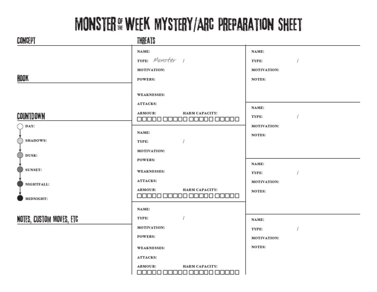 Monster of the Week Revised Mystery Worksheet