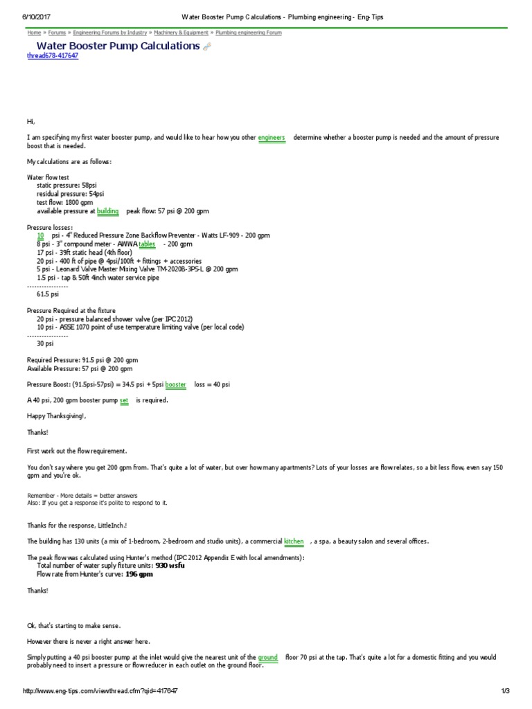 Water Booster Pump Calculations - Plumbing Engineering - Eng-Tips ...