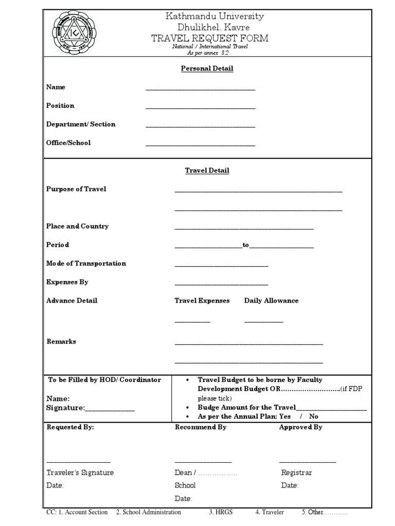 Travel Request Form: National / International Travel As Per Annex 3.2 ...
