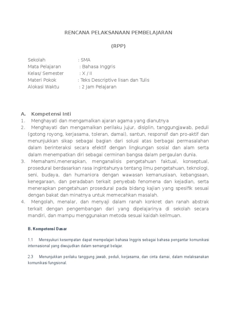 RPP Kelas X Descriptive Sem 2 | PDF | Karier & Perkembangan | Seni & Disiplin Bahasa