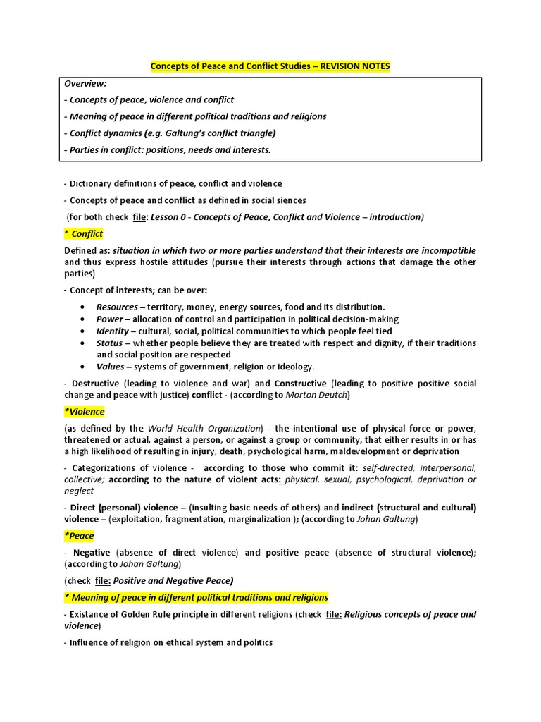 Concepts of Peace, Violence and Conflict - REVISION NOTES | PDF | Peace ...