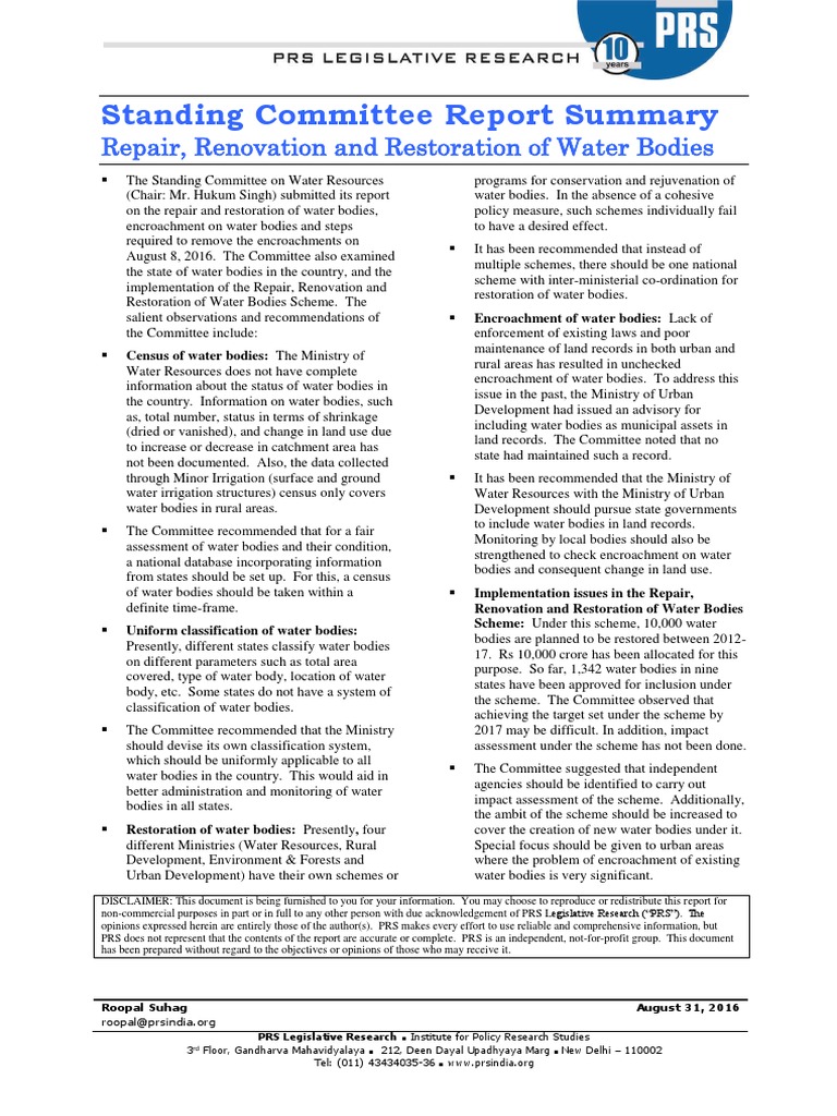 Water Bodies Restoration Report | PDF | Water | Business