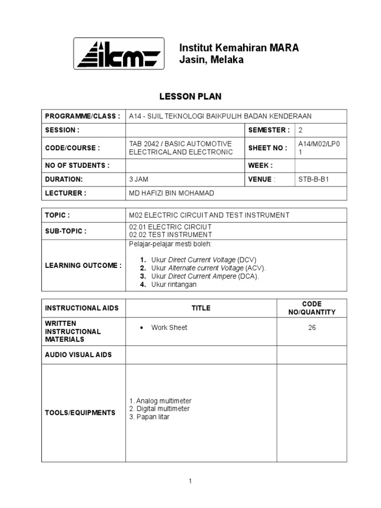 Institut Kemahiran MARA Jasin, Melaka: Lesson Plan | PDF