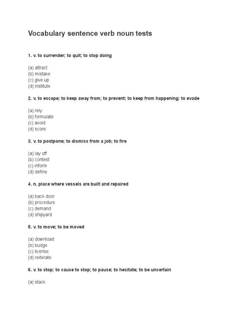 Vocabulary Sentence Verb Noun Tests: (A) Attract (B) Mistake (C) Give ...