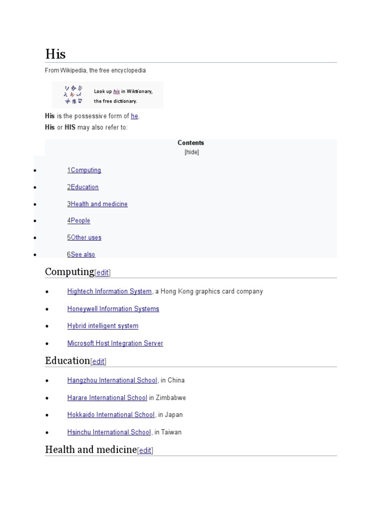 Computing: His Is The Possessive Form of His or HIS May Also Refer To | PDF
