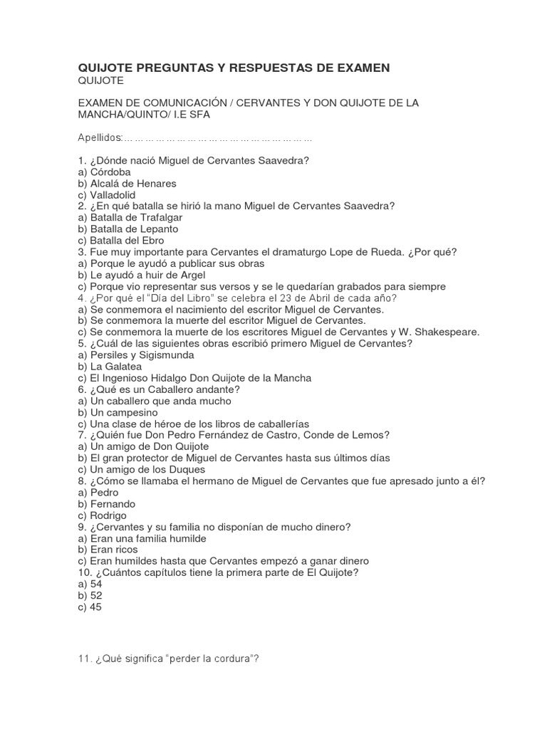 Examen de Don Quijote: Preguntas y Respuestas | PDF | Miguel De ...