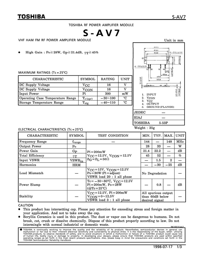 Toshiba S-AV7 RF Power Amplifier Datasheet | PDF