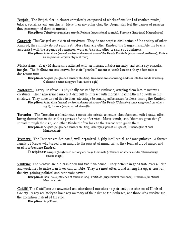 Clan Descriptions | Download Free PDF | Horror Fiction | Vampires