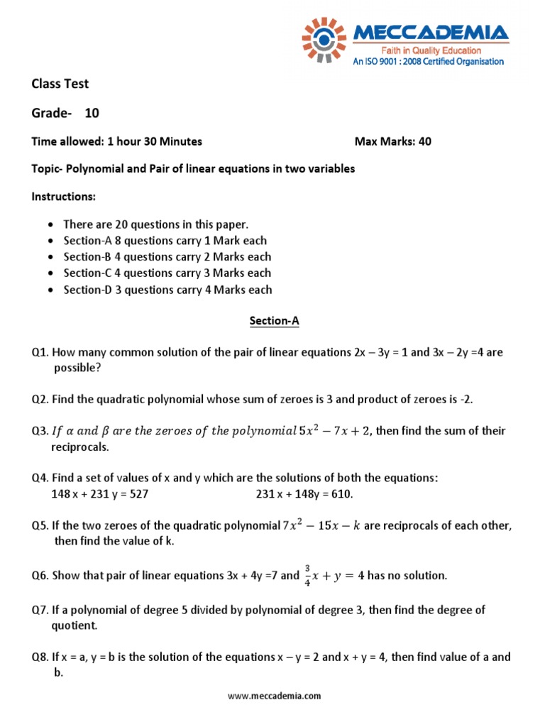 Test Paper On Linear Equation and Polynomials | PDF | Polynomial ...