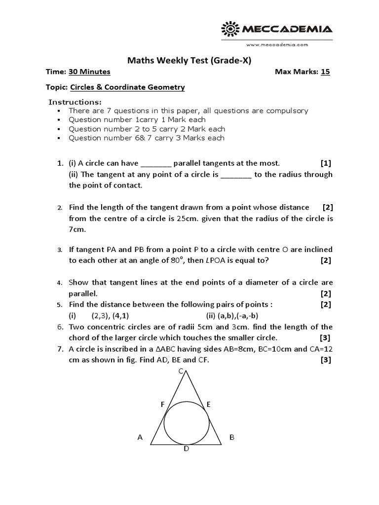 Grade-X Maths Test: Circles & Geometry | PDF | Circle | Geometric Shapes