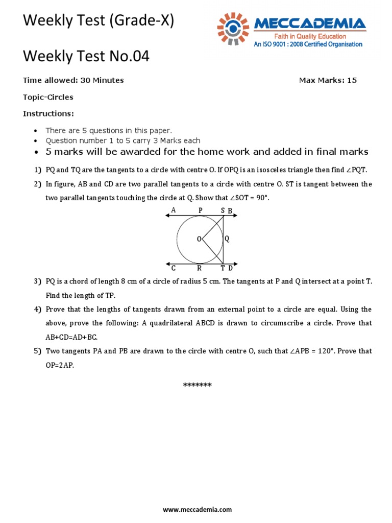 Weekly Test (Grade-X) Weekly Test No.04: 5 Marks Will Be Awarded For ...
