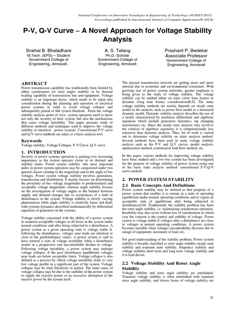P V Q V Curve A Novel Approach For Voltage Stability Analysis PDF | Download Free PDF | Electric ...