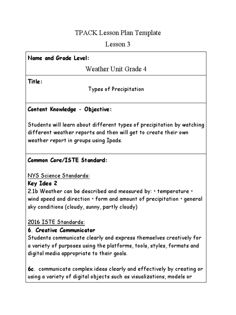 TPACK Lesson Plan Template Lesson 3: Name and Grade Level | PDF ...