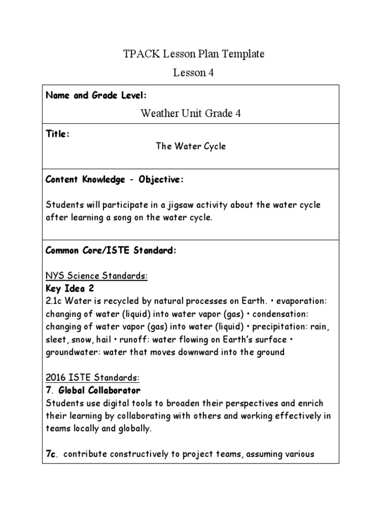 TPACK Lesson Plan Template Lesson 4: Name and Grade Level | PDF | Water ...