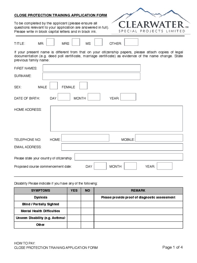 Close Protection Application Form | Competence (Human Resources) | Fee ...