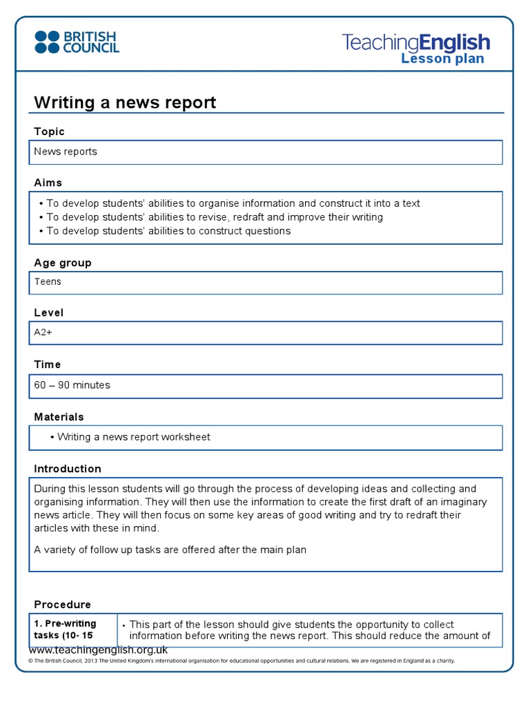 Writing A News Report Lesson Plan | PDF | Lesson Plan | News