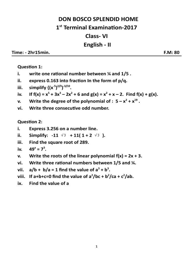 Don Bosco Splendid Home 1 Terminal Examination-2017 Class-VI English - II | PDF