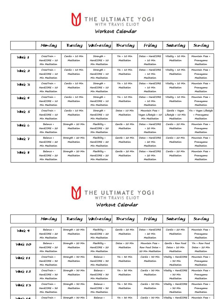 Yogi Workout Calendar: 15-Week Plan | PDF