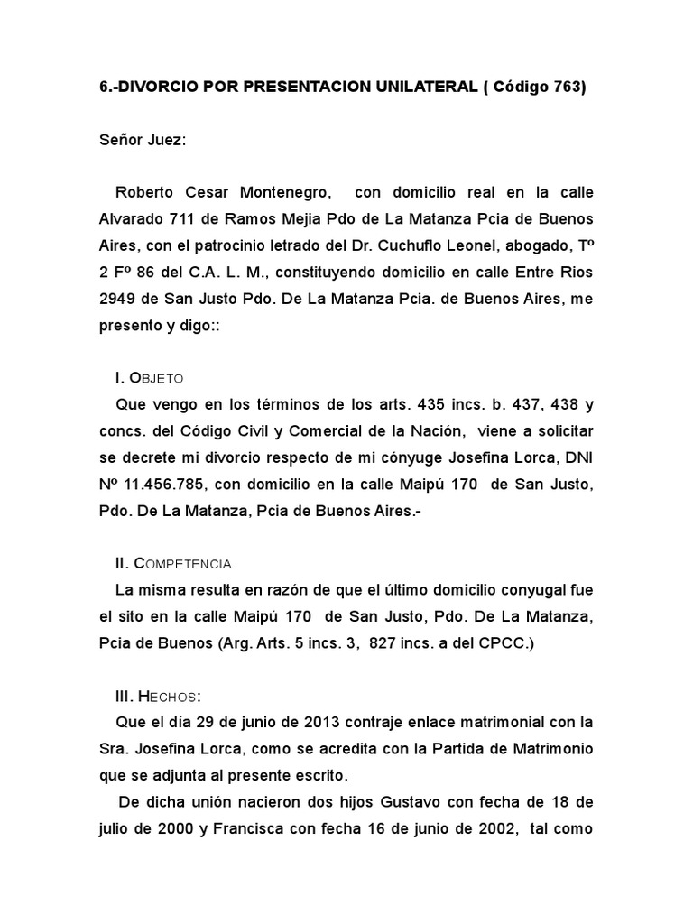 MODELO DE DEMANDA Divorcio Por Presenacion Unilateral | Divorcio ...