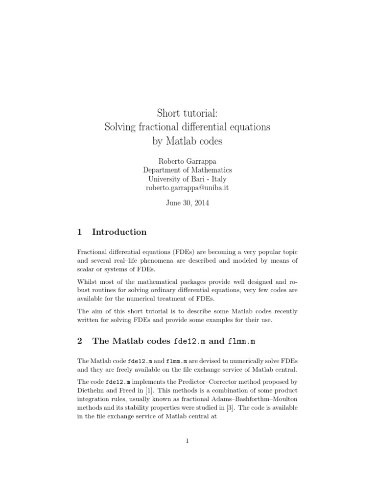 Short Tutorial - Solving Fractional Differential Equations by Matlab ... Short Tutorial - Solving Fractional Differential Equations by Matlab ...