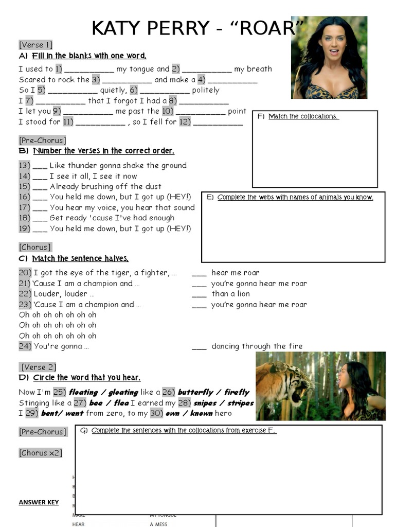 Katy Perry's "Roar" Worksheet | PDF | Song Structure | Pop Songs