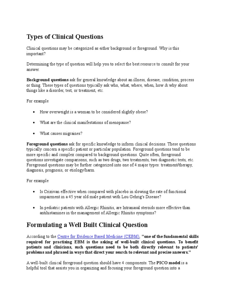Types of Clinical Questions | PDF | Randomized Controlled Trial ...