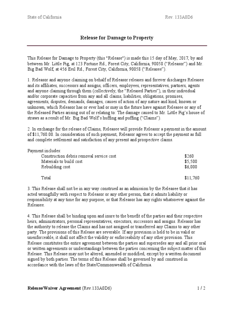 Release For Damage To Property | PDF | Consideration | Civil Law (Legal ...