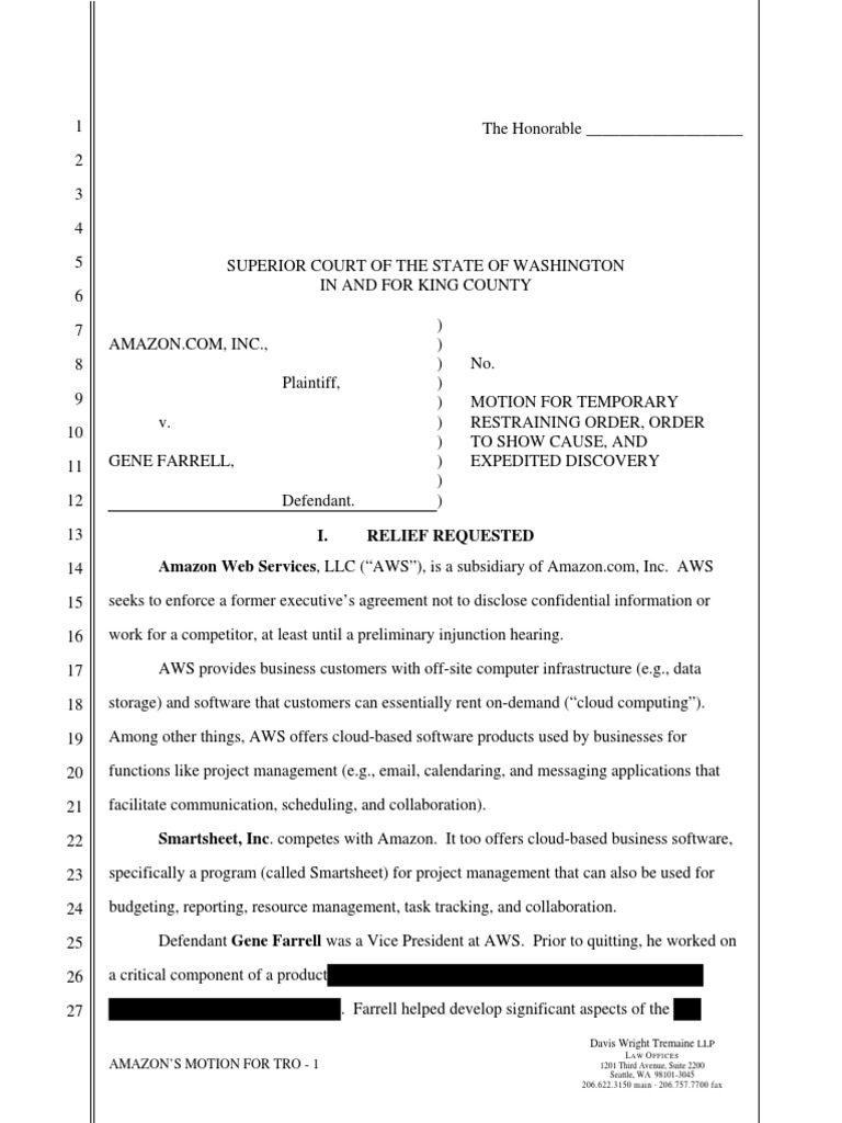 Motion For TRO - Farrell - Redacted | PDF | Injunction | Amazon Web Services