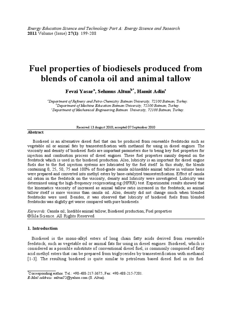 Fuel Properties of Biodiesels Produced From Blends of Canola Oil and ...