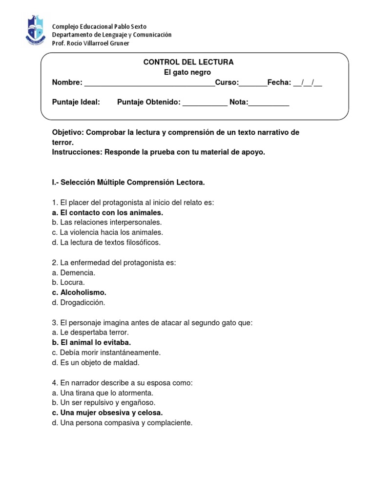 Evaluación de "El gato negro" de Poe | PDF