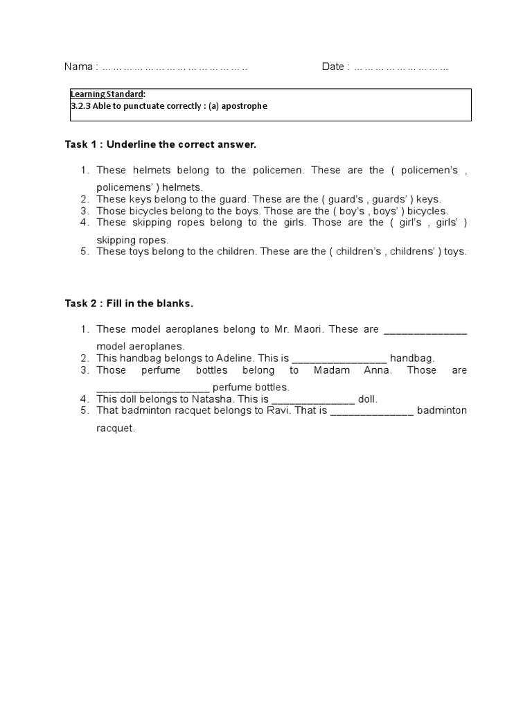 Apostrophe Usage Practice Worksheet | PDF