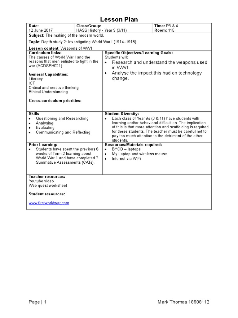 WWI Weapons Lesson Plan | PDF | Trench Warfare | Chemical Warfare