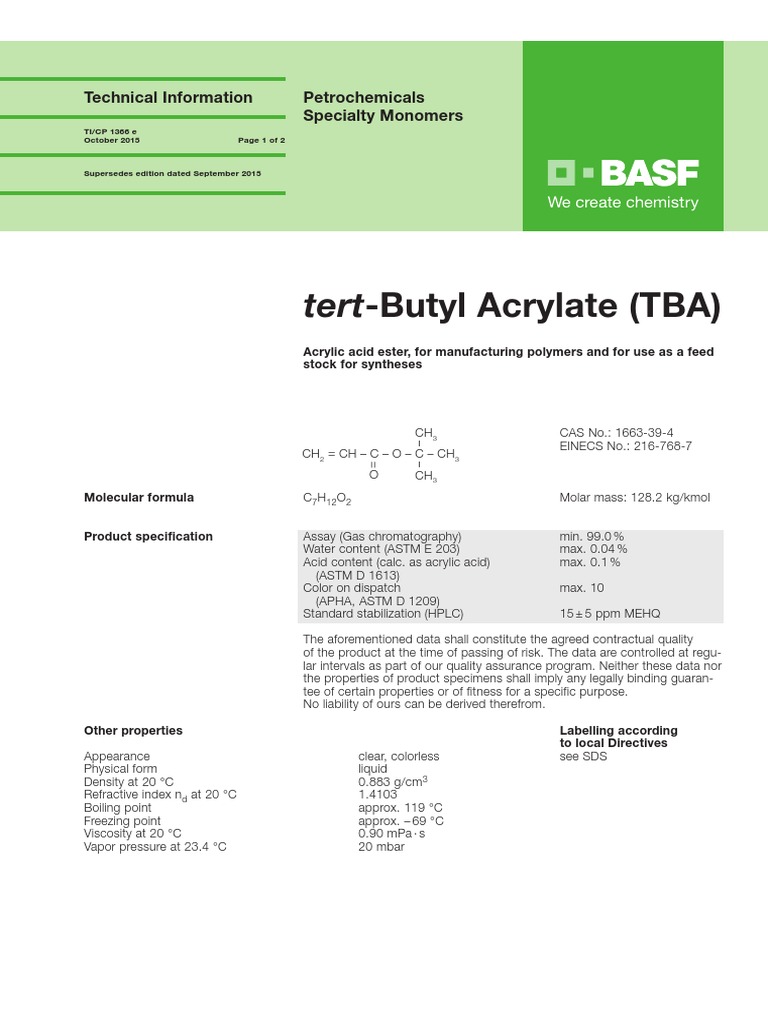 Tert Butyl Acrylate (BASF) | PDF | Polymerization | Polymers