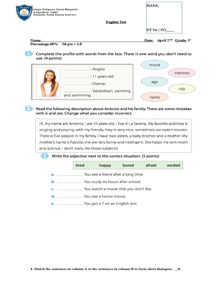 English Test for 5th Grade Students | PDF