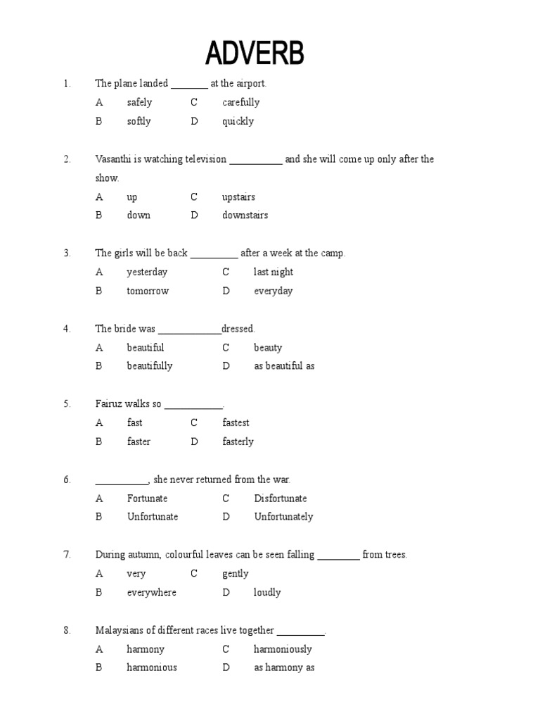 Adverb MCQ Questions | PDF