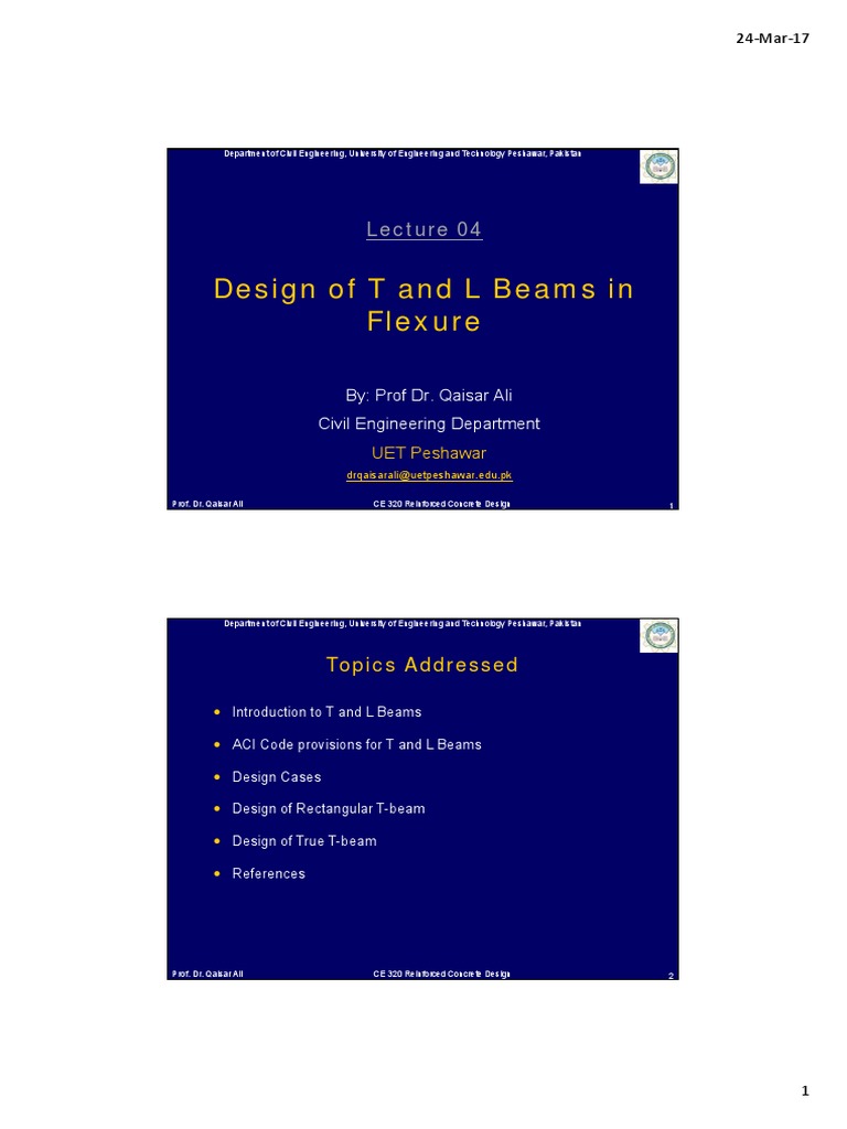 Lecture 04-Design of T and L Beams Section in Flexure PDF | PDF | Beam ...