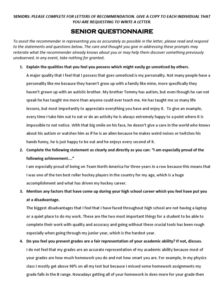 Senior Questionnaire | PDF | Homework | Psychology