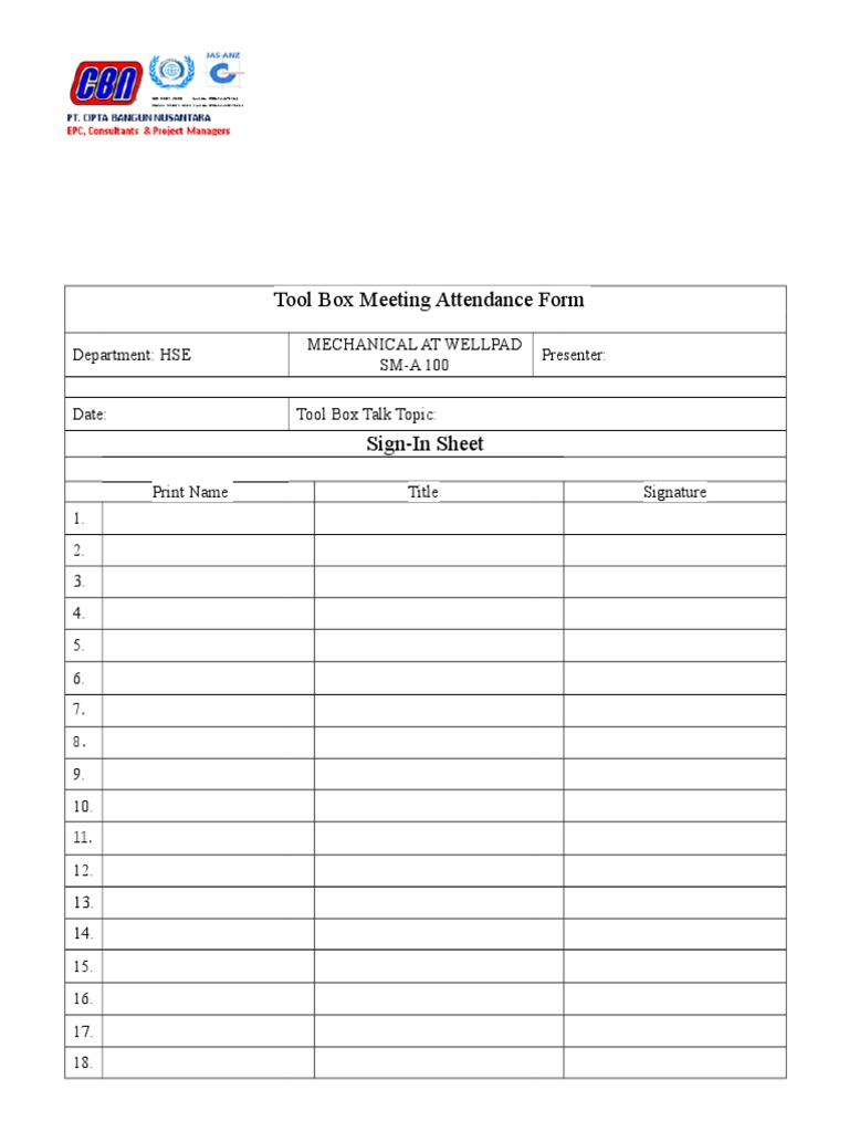 Tool Box Meeting Sign In Sheets