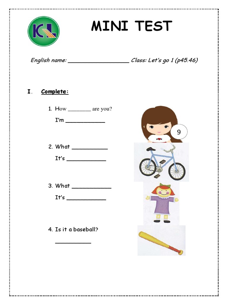 Mini Test: English Name: - Class: Let's Go 1 (p45.46) | PDF