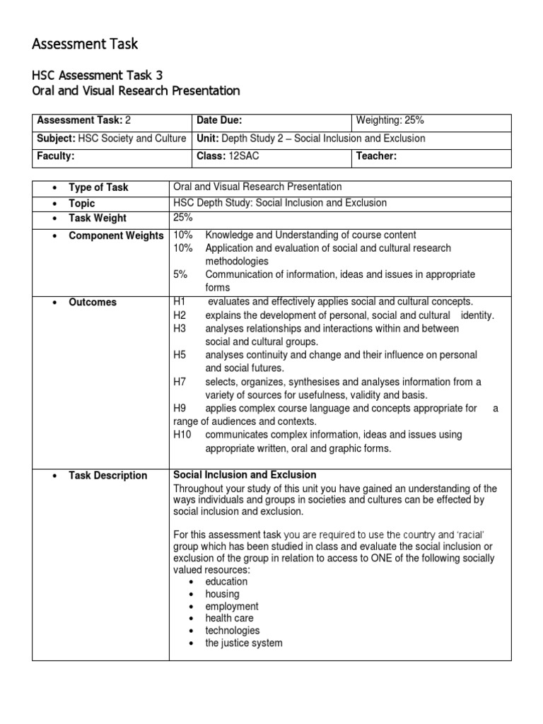 Assessment Task Notification - Social Inclusion and Exclusion | PDF ...