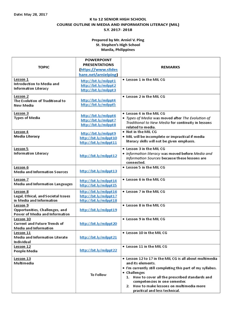K to 12 Senior High School Course Outline in Media and Information ...