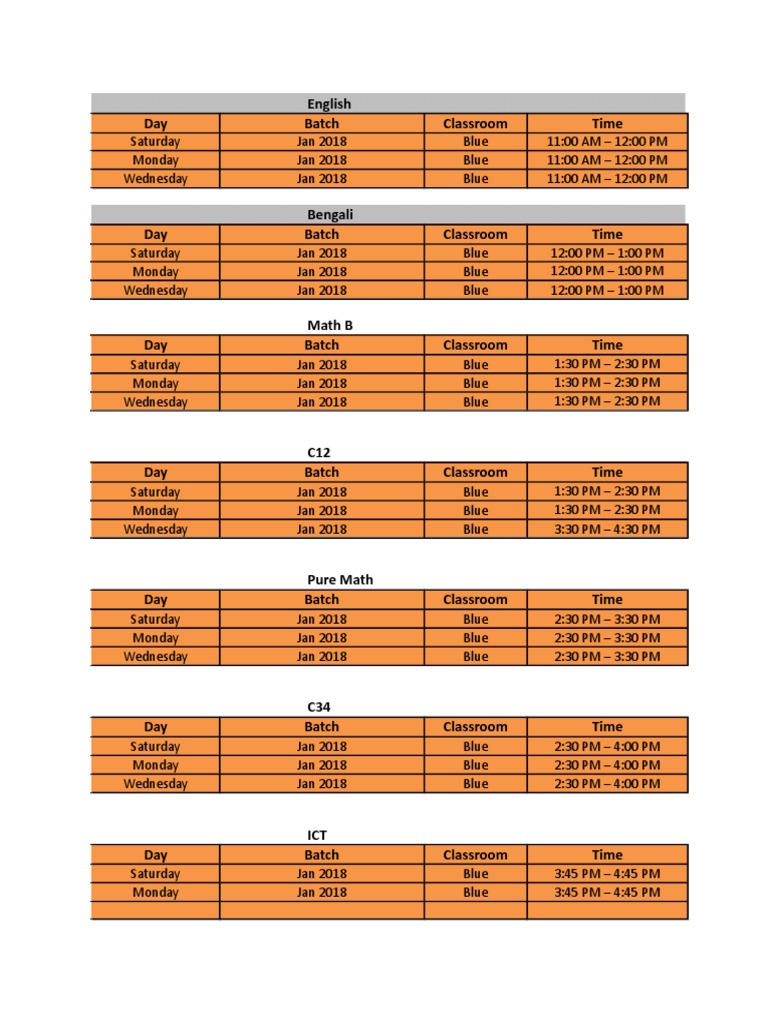English Day Batch Classroom Time | PDF | Sports