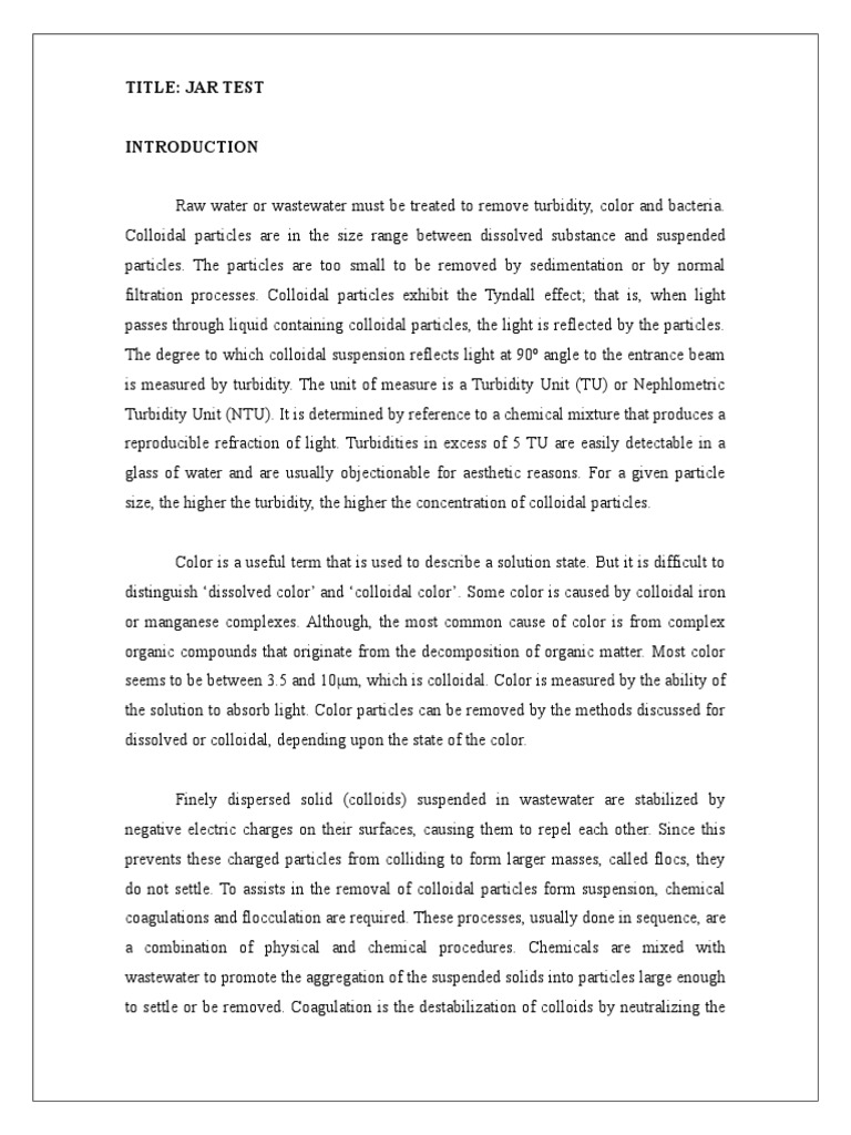 Jar Test for Coagulation Efficiency | PDF | Colloid | Chemistry
