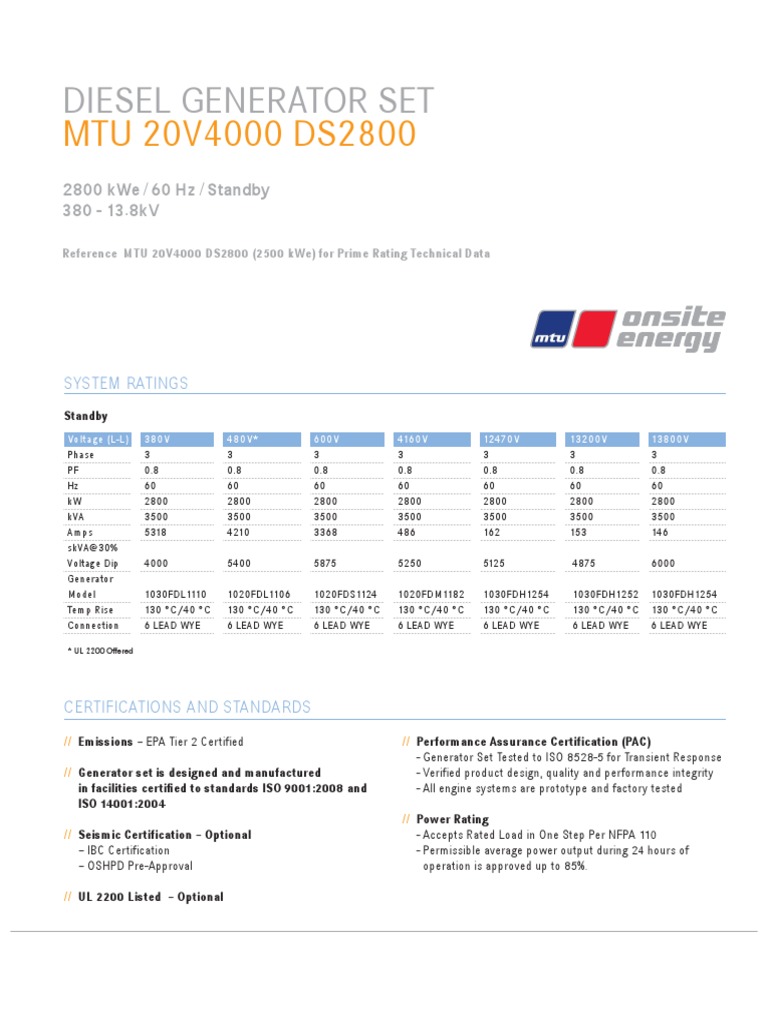 MTU 20V4000 DS2800: Diesel Generator Set | PDF | Engines | Mechanical Fan